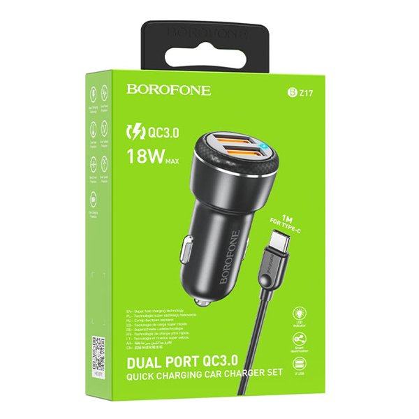 خرید،قیمت و مشخصات شارژر فندکی بروفون مدل BZ17 QC 3 تایپ سی | بهیران